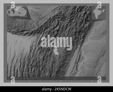 Manipur, state of India. Grayscale elevation map with lakes and rivers ...