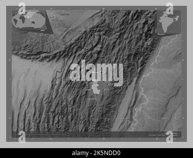 Manipur, state of India. Grayscale elevation map with lakes and rivers ...
