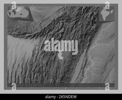 Manipur, state of India. Grayscale elevation map with lakes and rivers ...