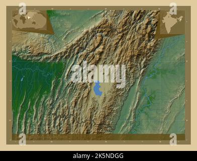 Manipur, state of India. Elevation map colored in wiki style with lakes ...