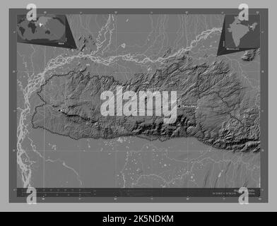 Meghalaya, state of India. Bilevel elevation map with lakes and rivers ...