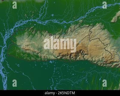 Meghalaya, state of India. Colored elevation map with lakes and rivers ...