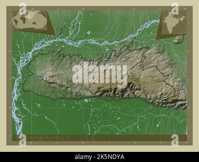 Meghalaya, state of India. Colored elevation map with lakes and rivers ...