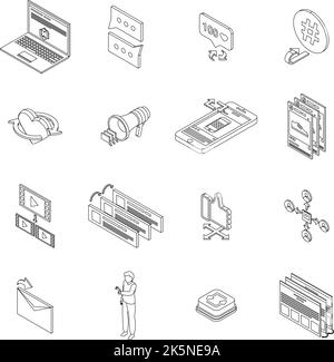 Repost icons set. Isometric set of repost vector icons neon color on ...