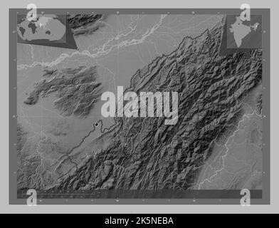 Nagaland, state of India. Grayscale elevation map with lakes and rivers ...