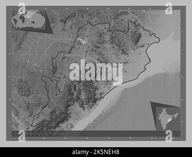 Odisha, state of India. Grayscale elevation map with lakes and rivers ...