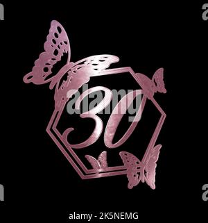 3d illustration number 30 rose gold with butterflies birthday black ...