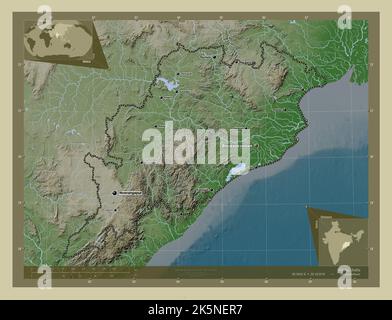 Odisha, state of India. Colored elevation map with lakes and rivers ...