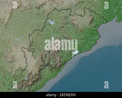 Odisha, state of India. Colored elevation map with lakes and rivers ...