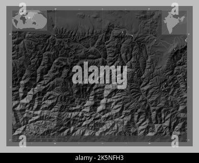 Sikkim, state of India. Grayscale elevation map with lakes and rivers ...
