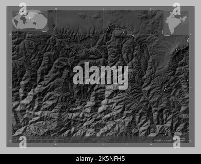 Sikkim, state of India. Grayscale elevation map with lakes and rivers ...