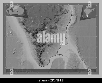 Tamil Nadu, state of India. Grayscale elevation map with lakes and ...
