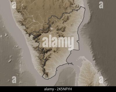 Tamil Nadu, state of India. Colored elevation map with lakes and rivers ...