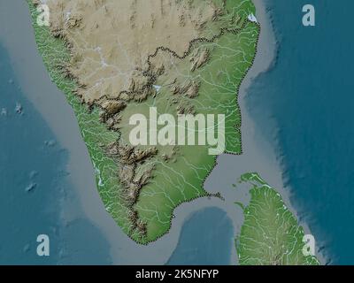 Tamil Nadu, state of India. Colored elevation map with lakes and rivers ...