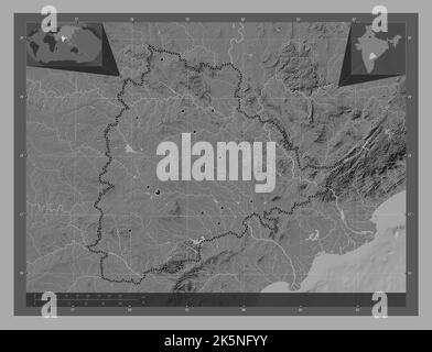 Telangana, state of India. Bilevel elevation map with lakes and rivers ...
