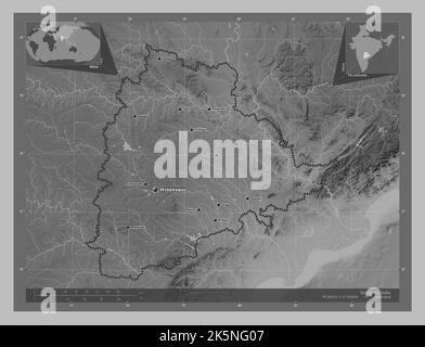 Telangana, state of India. Grayscale elevation map with lakes and ...