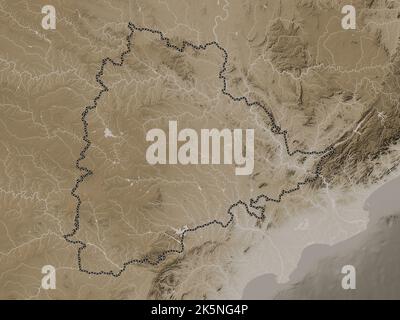 Telangana, state of India. Colored elevation map with lakes and rivers ...