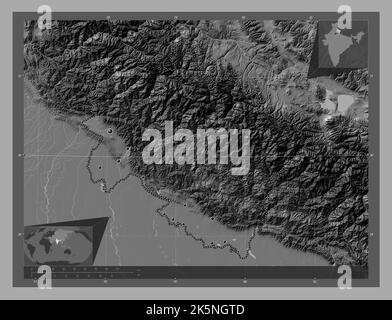 Uttarakhand, state of India. Bilevel elevation map with lakes and ...