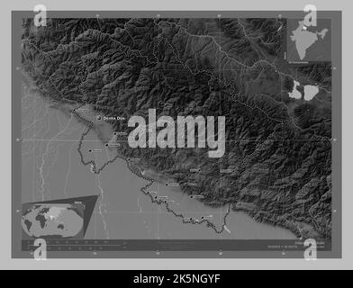 Uttarakhand, state of India. Grayscale elevation map with lakes and ...