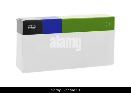 Realistic cardboard box for medication template isolated on white ...