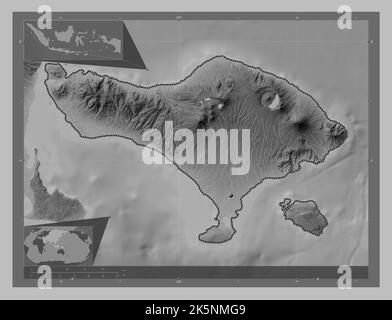 Bali, province of Indonesia. Grayscale elevation map with lakes and ...