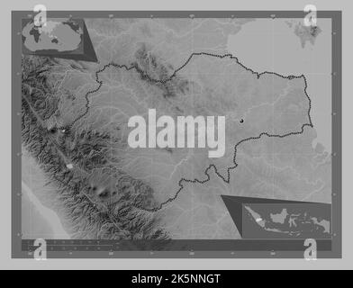Jambi, province of Indonesia. Grayscale elevation map with lakes and ...