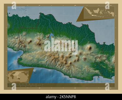 Jawa Barat, province of Indonesia. Colored elevation map with lakes and ...