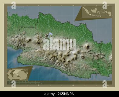 Jawa Barat, province of Indonesia. Colored elevation map with lakes and ...