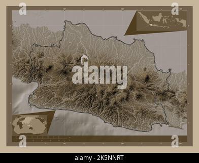 Jawa Barat, province of Indonesia. Colored elevation map with lakes and ...