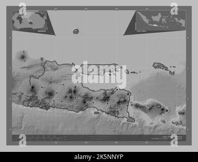 Jawa Timur, province of Indonesia. Grayscale elevation map with lakes ...