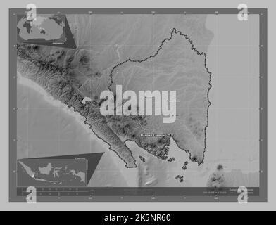 Lampung, province of Indonesia. Grayscale elevation map with lakes and ...