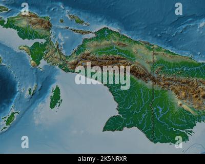 Papua, province of Indonesia. Colored elevation map with lakes and ...