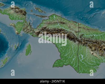 Papua, province of Indonesia. Colored elevation map with lakes and ...