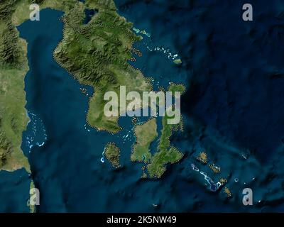 Sulawesi Tenggara, province of Indonesia. Low resolution satellite map. Locations of major ...