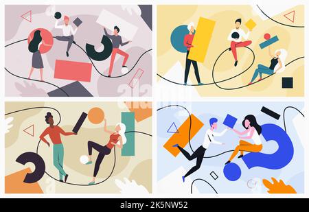 Teamwork of characters with geometric shapes set vector illustration ...