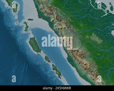 Sumatera Barat, province of Indonesia. Colored elevation map with lakes ...