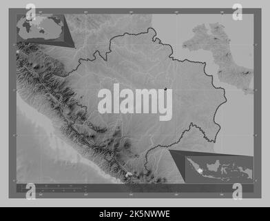 Sumatera Selatan, province of Indonesia. Grayscale elevation map with ...