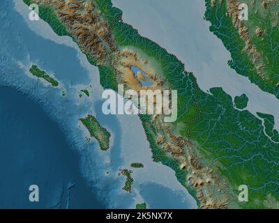 Sumatera Utara, province of Indonesia. Colored elevation map with lakes ...
