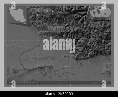 Alborz, province of Iran. Grayscale elevation map with lakes and rivers ...