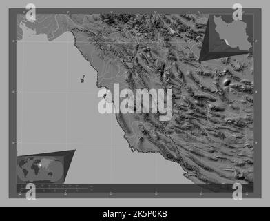 Bushehr, province of Iran. Bilevel elevation map with lakes and rivers ...