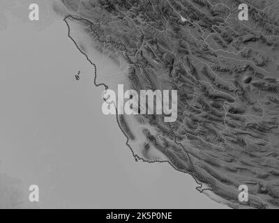 Bushehr, province of Iran. Grayscale elevation map with lakes and ...
