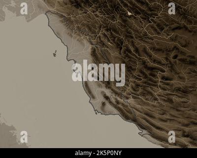 Bushehr, province of Iran. Colored elevation map with lakes and rivers ...