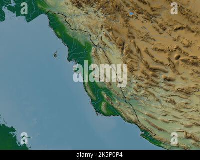 Bushehr, province of Iran. Colored elevation map with lakes and rivers ...