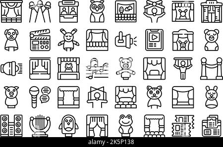 Puppet theater icons set outline vector. Marionette doll kid. Child ...