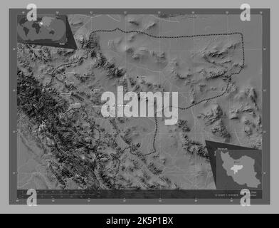 Esfahan, province of Iran. Bilevel elevation map with lakes and rivers ...