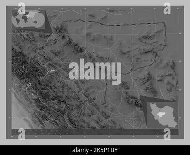 Esfahan, province of Iran. Grayscale elevation map with lakes and ...