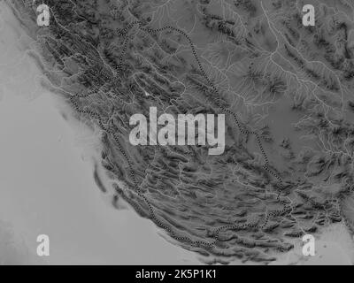 Fars, province of Iran. Grayscale elevation map with lakes and rivers ...