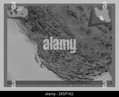 Fars, province of Iran. Grayscale elevation map with lakes and rivers ...