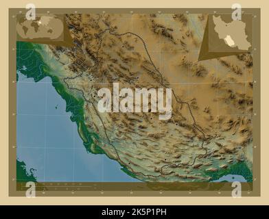Fars, province of Iran. Colored elevation map with lakes and rivers ...