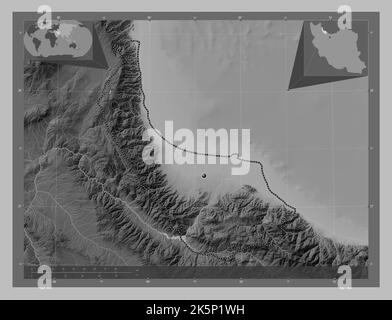 Gilan, province of Iran. Grayscale elevation map with lakes and rivers ...